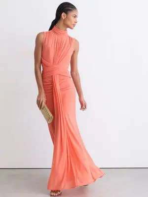 REISS Sheer Ruched Sleeveless Maxi Dress