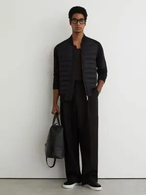 REISS Quilted Hybrid Bomber Jacket - Black