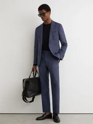 REISS Wool-blend Check Classic-fit Suit Trousers - Navy