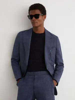 REISS Wool-blend Check Classic-fit Suit Trousers - Navy