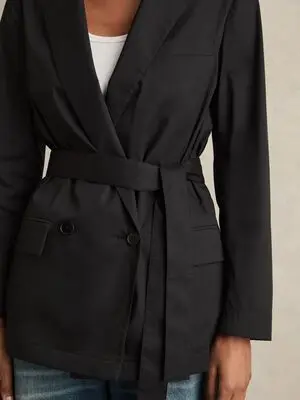 REISS Cotton Blend Double Breasted Belted Jacket