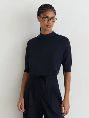 REISS Merino Wool Funnel-neck Top - Navy