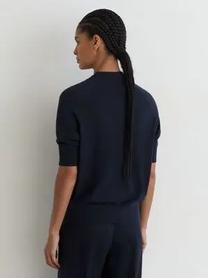 REISS Merino Wool Funnel-neck Top - Navy