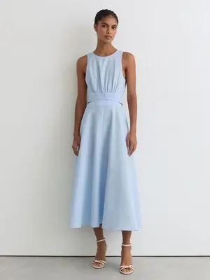 REISS Linen-cotton Cut-out Midi Dress - Blue
