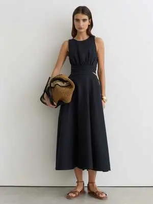 REISS Linen-cotton Cut-out Midi Dress - Navy