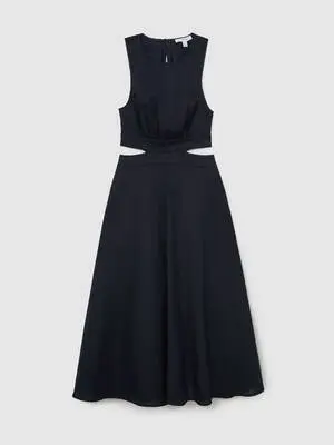 REISS Linen-cotton Cut-out Midi Dress - Navy