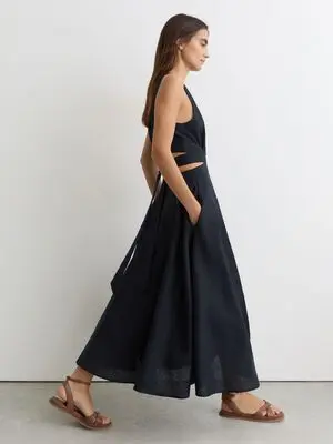 REISS Linen-cotton Cut-out Midi Dress - Navy