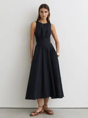 REISS Linen-cotton Cut-out Midi Dress - Navy