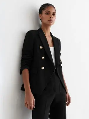 REISS Tailored Fit Textured Double Breasted Blazer - Black