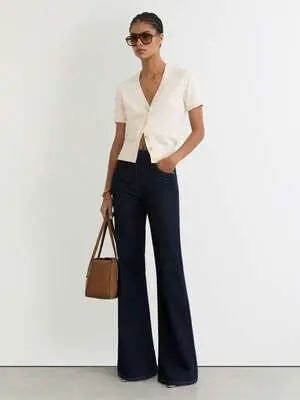 REISS V-neck Short-sleeve Cardigan In Cotton-wool - Ivory