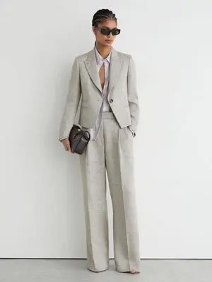 REISS Herringbone Linen-blend Cropped Suit Blazer