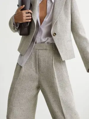 REISS Herringbone Linen-blend Cropped Suit Blazer