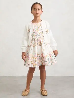 REISS 3-9 Yrs Cotton Floral-embroidered Cardigan - Ivory
