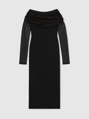 REISS Sheer-sleeve Knit Midi Dress