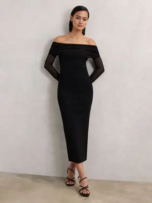 REISS Sheer-sleeve Knit Midi Dress