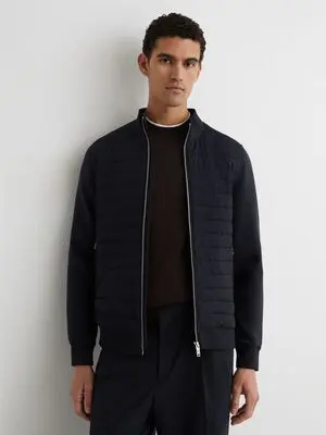 REISS Hybrid Quilt And Interlock Zip Jacket - Navy