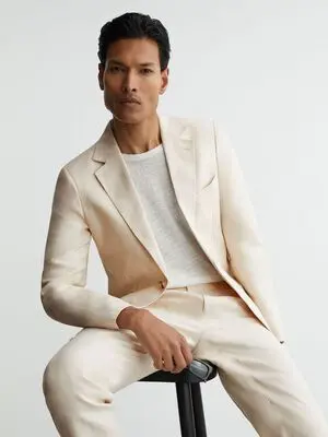 REISS Atlantic Classic Fit Linen-twill Single-breasted Blazer-fit - Stone