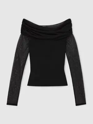 REISS Sheer Mesh Bardot Top