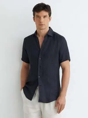 REISS Slim Fit Linen Button-through Shirt - Navy