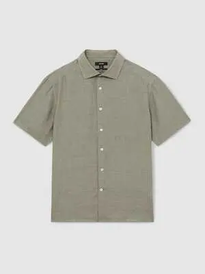 REISS Slim Fit Linen Button-through Shirt - Thyme Green