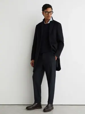 REISS Wool-blend Single-breasted Overcoat - Navy