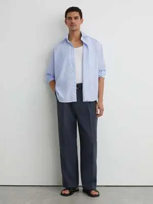 REISS Lyocell Stripe Button-through Overshirt - Soft Blue