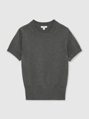 REISS Cotton And Wool Short-sleeve Knit Top - Grey