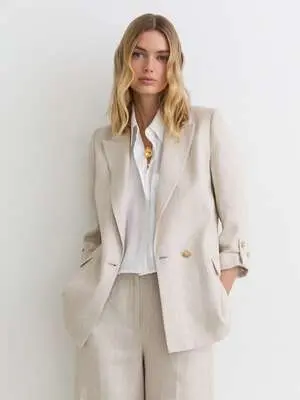 REISS Petite Linen-blend Textured Double-breasted Blazer - Neutral
