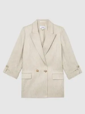 REISS Petite Linen-blend Textured Double-breasted Blazer