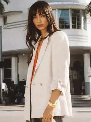 REISS Linen-blend Textured Double-breasted Blazer - Neutral