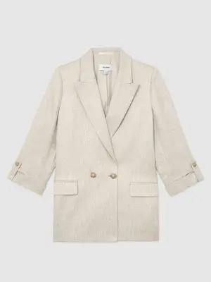 REISS Linen-blend Textured Double-breasted Blazer - Neutral