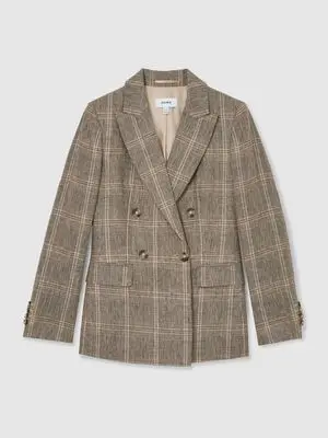 REISS Checked Linen Double-breasted Blazer