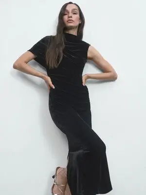 REISS Velvet Draped-neck Ruched Midi Dress - Black