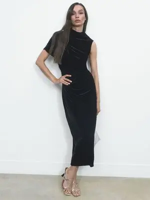 REISS Velvet Draped-neck Ruched Midi Dress