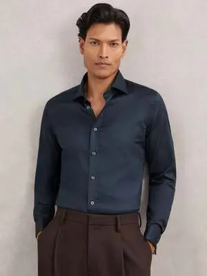 REISS Regular Fit Stretch Double-cuff Shirt Cotton-blend - Navy