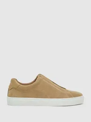 REISS Suede Slip-on Elasticated Trainers - Sand