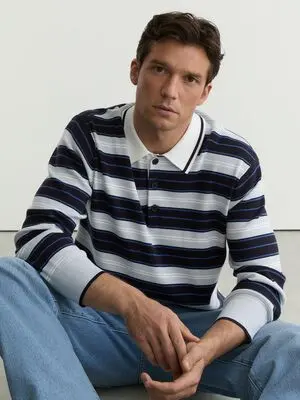 REISS Rugby-stripe Half-button Jumper - Blue Multi