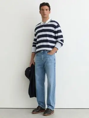 REISS Rugby-stripe Half-button Jumper - Blue Multi