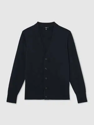 REISS Merino Wool V-neck Cardigan - Navy