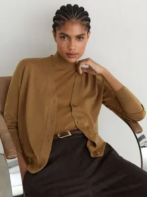 REISS Merino Wool V-neck Cardigan - Camel
