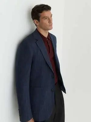 REISS Single-breasted Herringbone Blazer Tailored-fit With Cotton - Navy