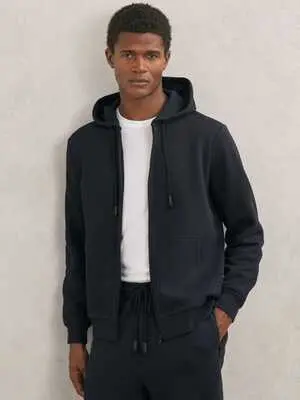 REISS Cotton-blend Zip-through Hoodie - Navy