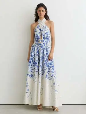 REISS Amaya Petite Cotton Floral-print Belted Maxi Dress