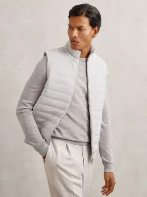 REISS Funnel-neck Quilted Knit Gilet - Soft Grey