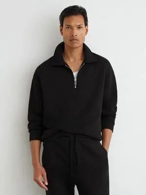 REISS Cotton Heavyweight Half-zip Sweatshirt - Black