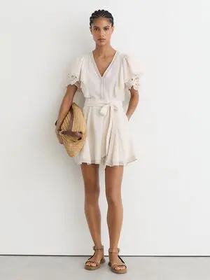 REISS Broderie Anglaise Belted Flippy Dress