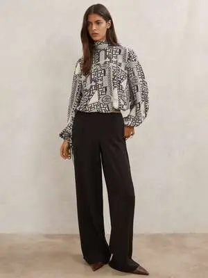 REISS Tile-print Balloon-sleeve Blouse - Ivory/black