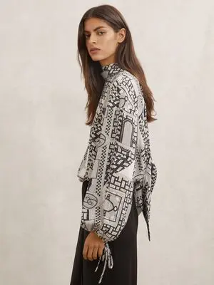 REISS Tile-print Balloon-sleeve Blouse