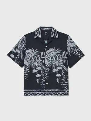 REISS Palm-print Cuban-collar Shirt - Navy