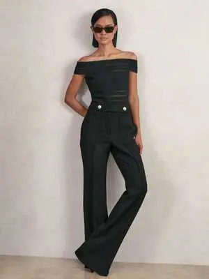 REISS Twill Button-tab Flared Trousers - Black